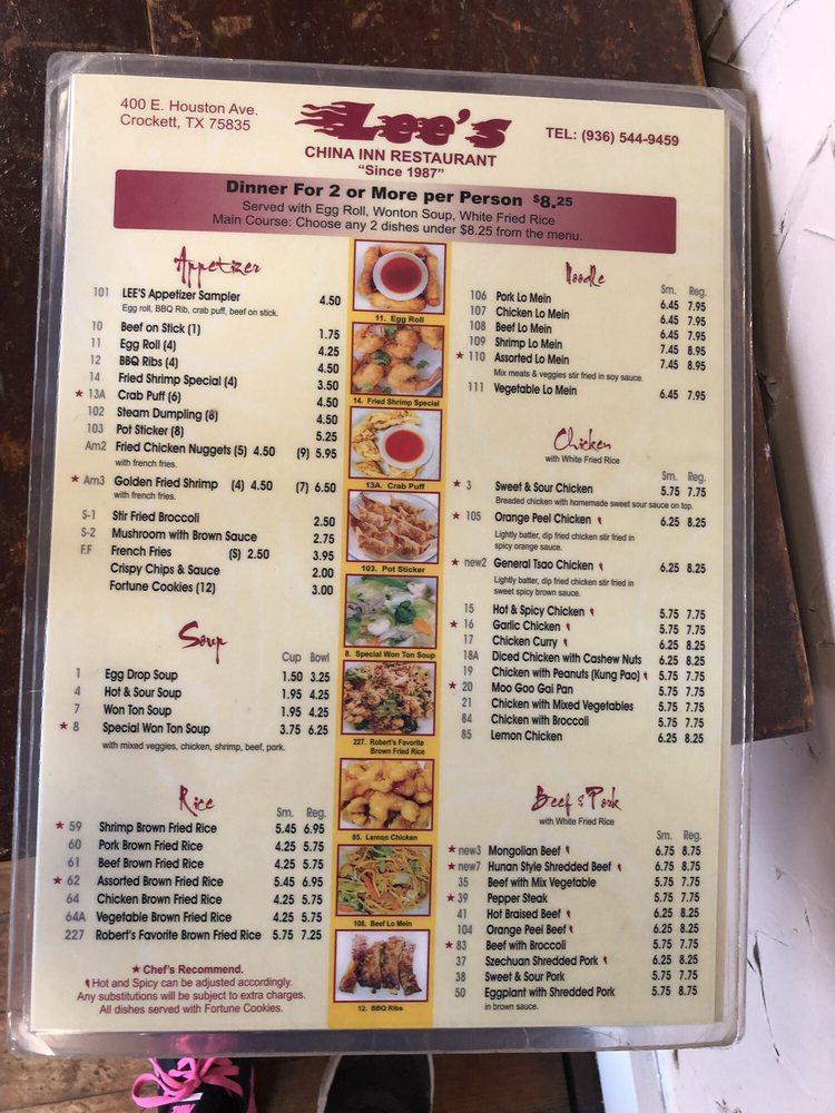 Menu at Lee's China Inn restaurant, Crockett