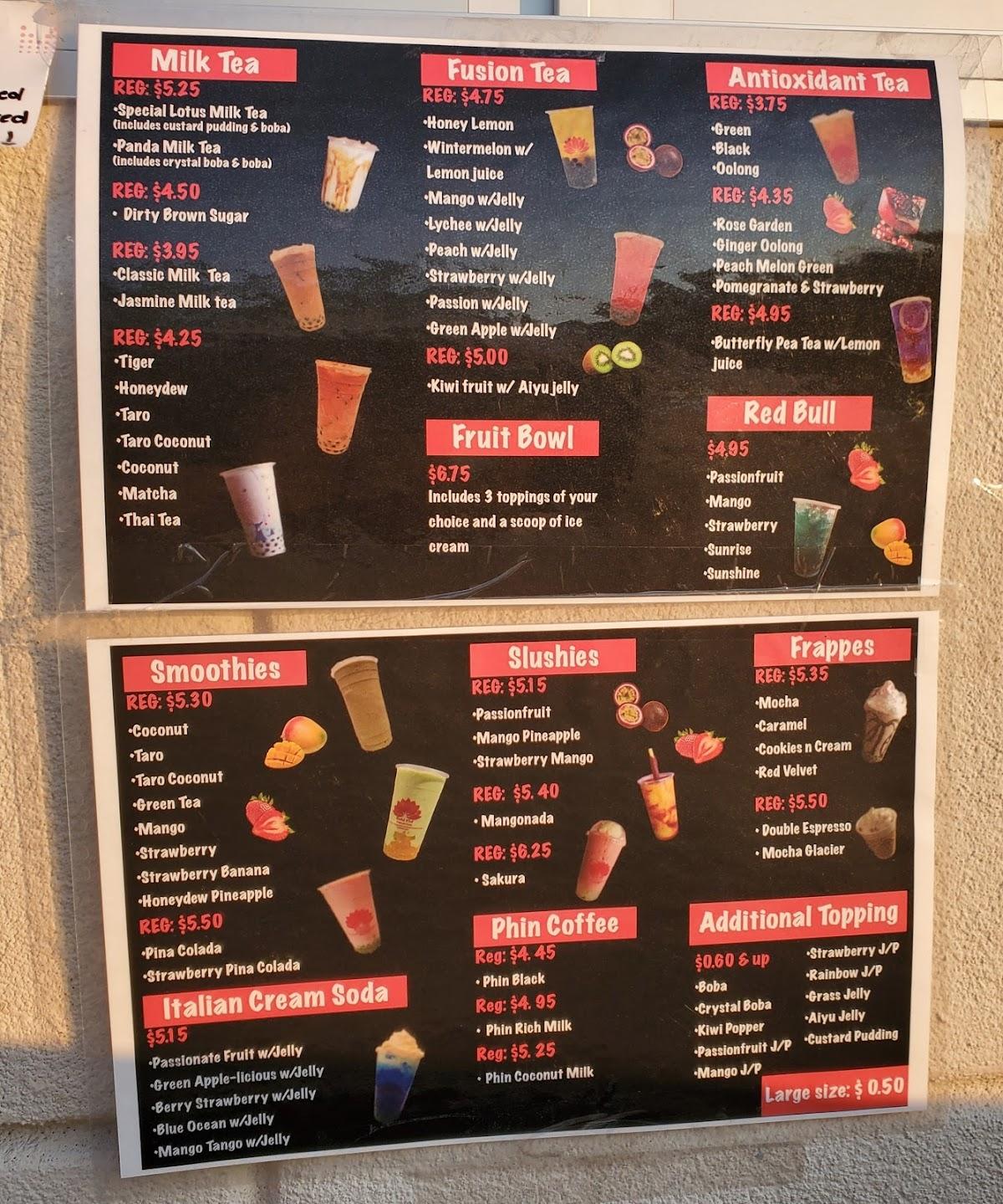 Menu at Lotus Boba Tea cafe, Las Cruces