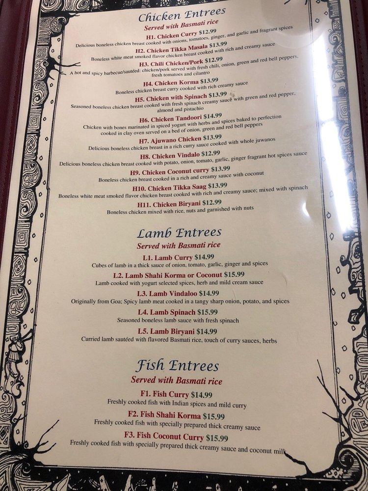 Menu at Nepal's Cafe, Estes Park