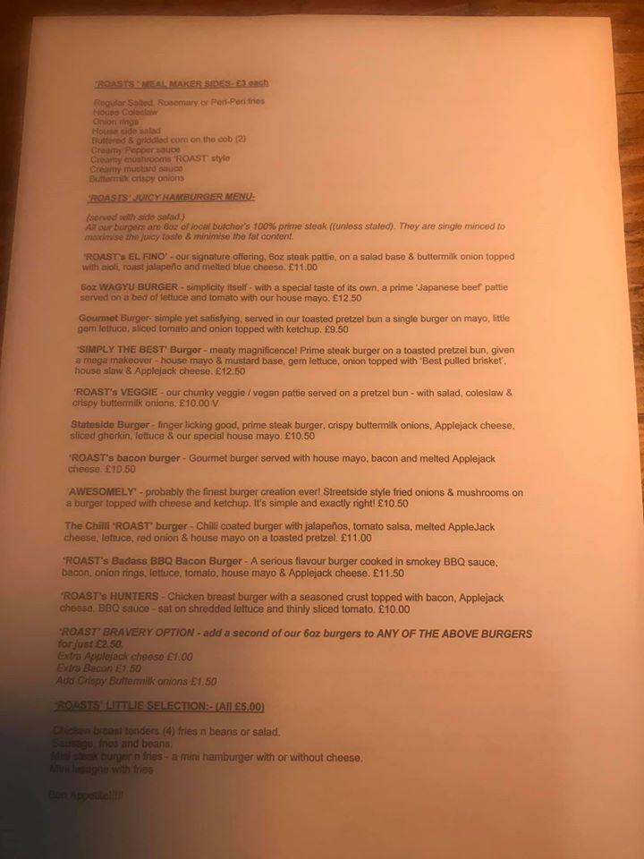 Menu at Roast Coffee Shop restaurant, Tadcaster