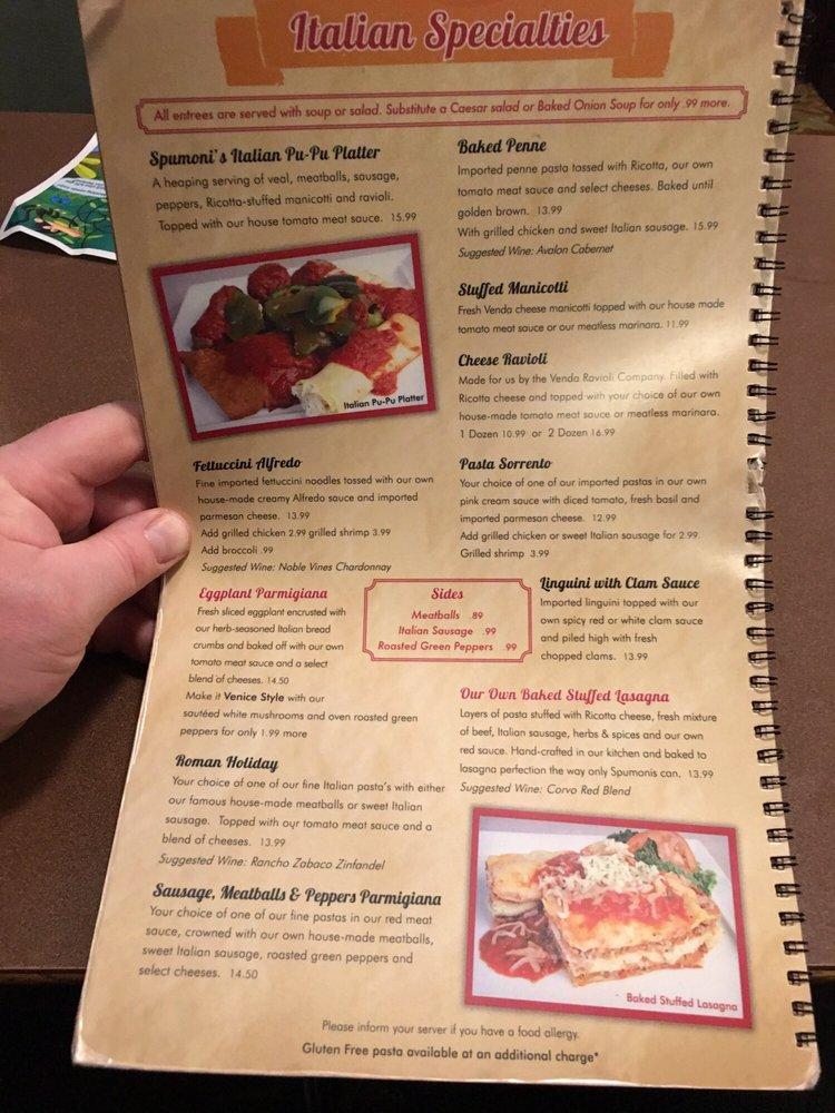 Menu at Spumoni's restaurant, Pawtucket