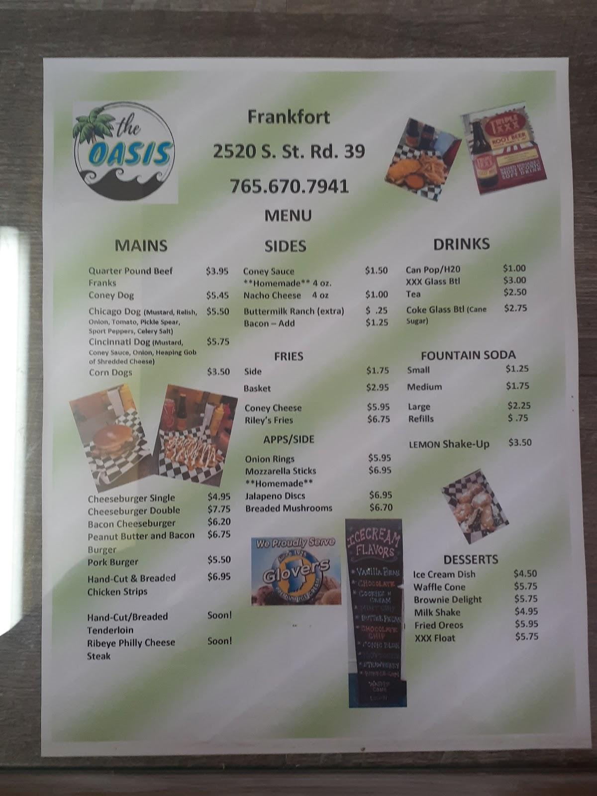 Menu at The Oasis restaurant, Frankfort