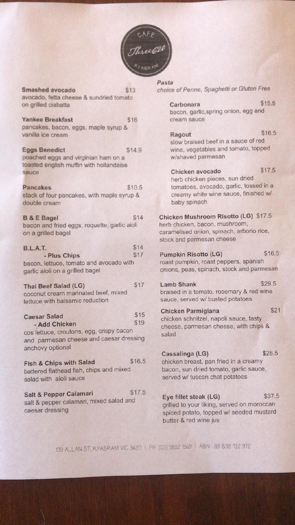 Menu at Cafe Three620, Kyabram