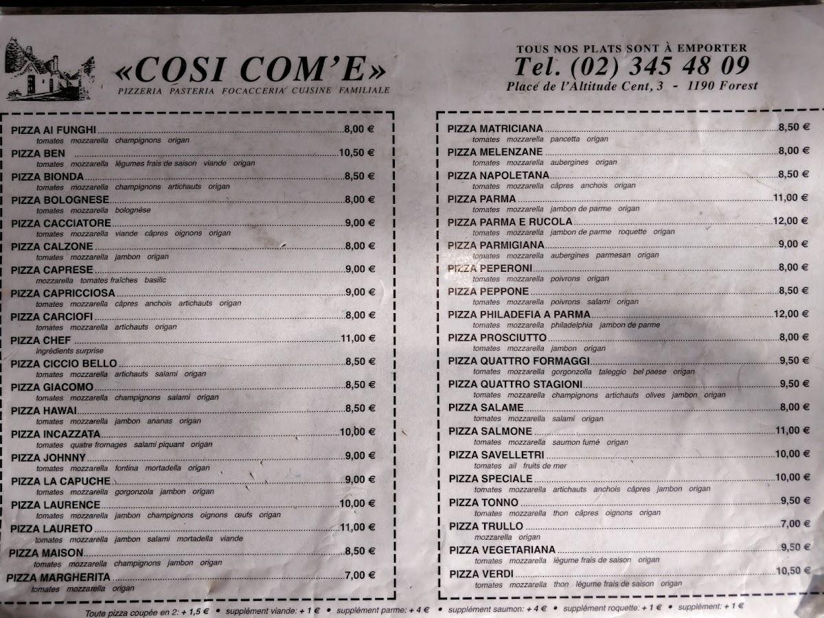 Menu au Cosi Com'e, Forest, Pl. de l'Altitude Cent 3