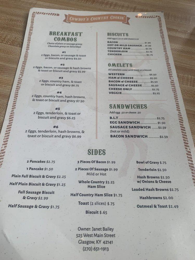 Menu at Cowboy's Country Cookin' restaurant, Glasgow