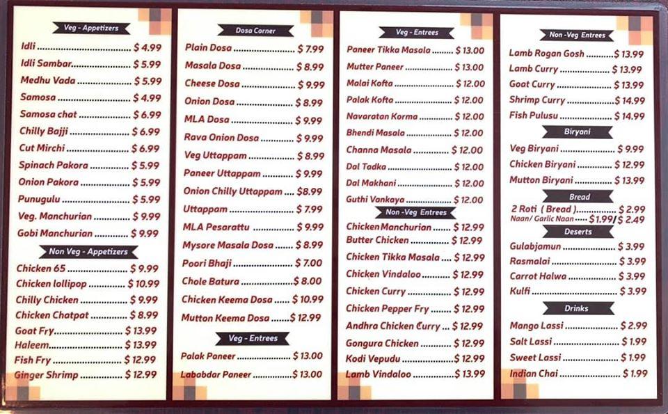 Menu at Dosa Grill restaurant, Dulles
