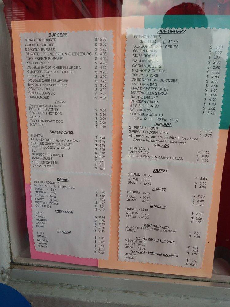 Menu at The Freeze fast food, Coshocton