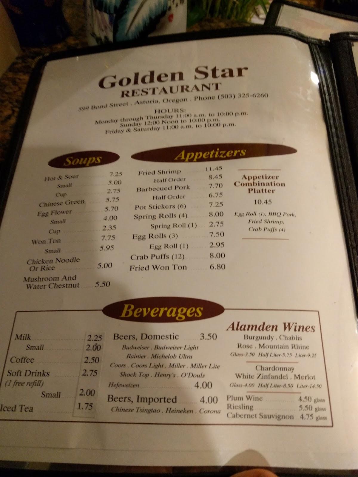 Menu at Golden Star Restaurant, Astoria