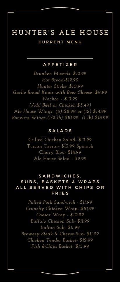 Menu at Hunter's Ale House pub & bar, Mount Pleasant