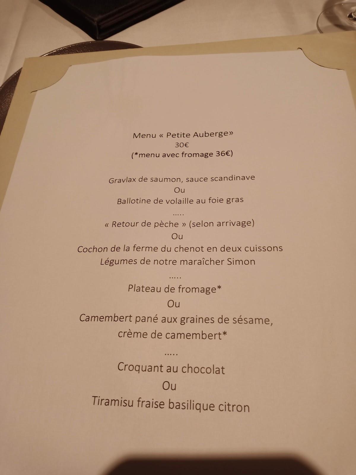 Menu au la petite auberge restaurant, La Chapelle-Janson