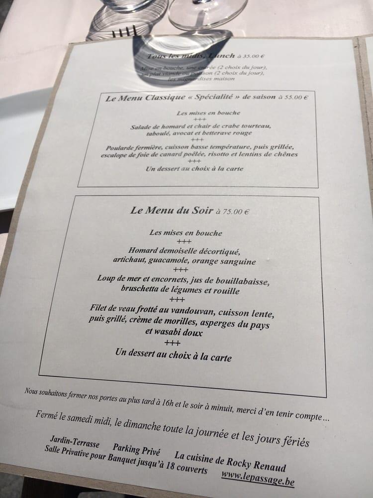 Menu at Le Passage, Uccle, Av. Jean et Pierre Carsoel 17