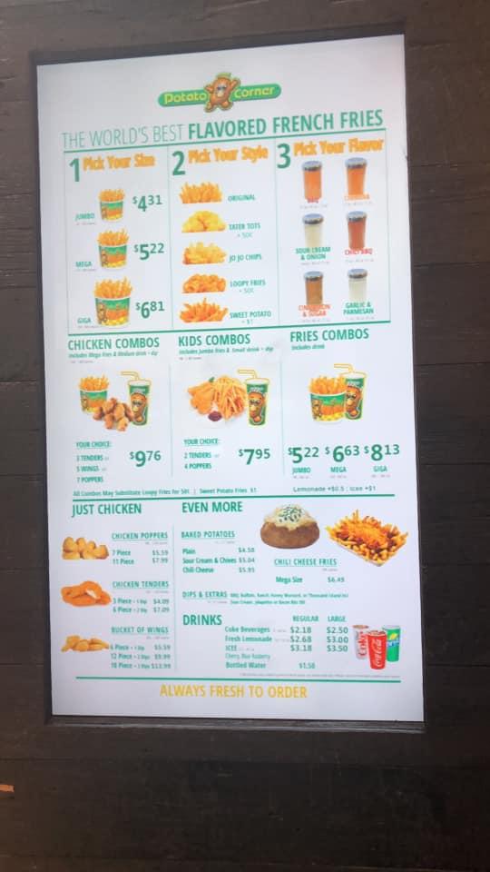 Menu at Potato Corner fast food, Tukwila