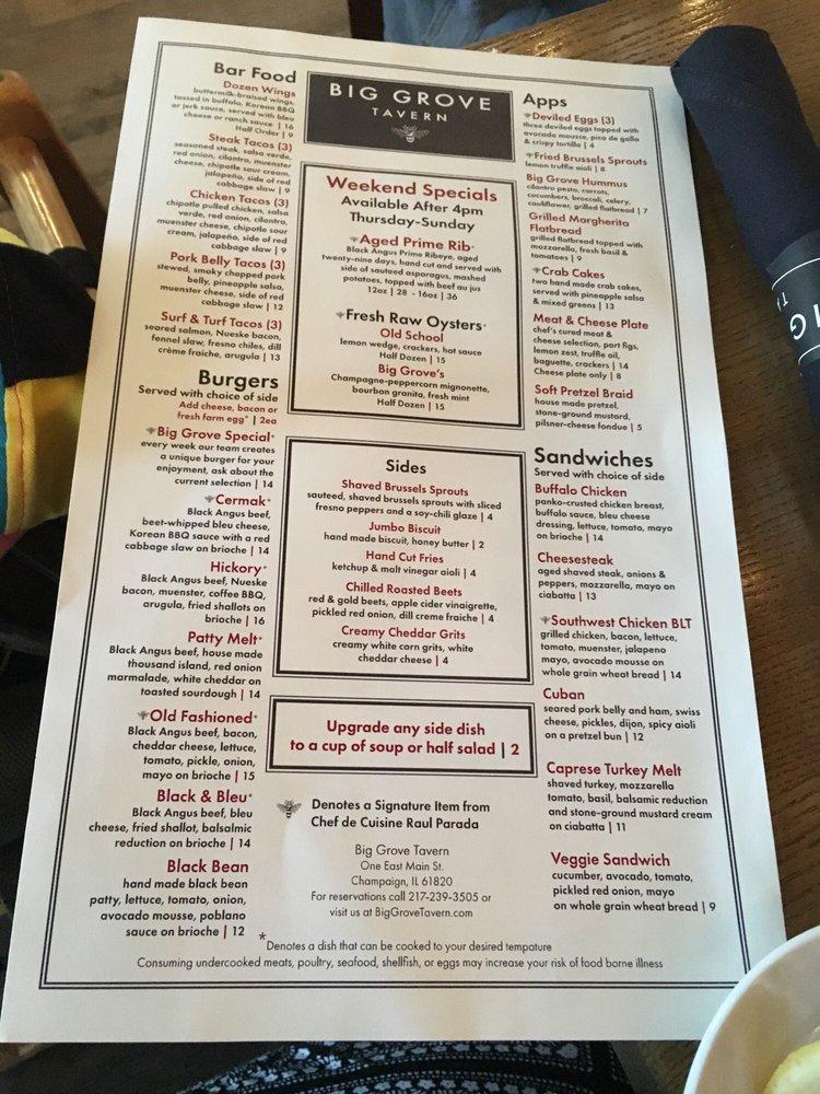 Menu at Big Grove Tavern pub & bar, Champaign