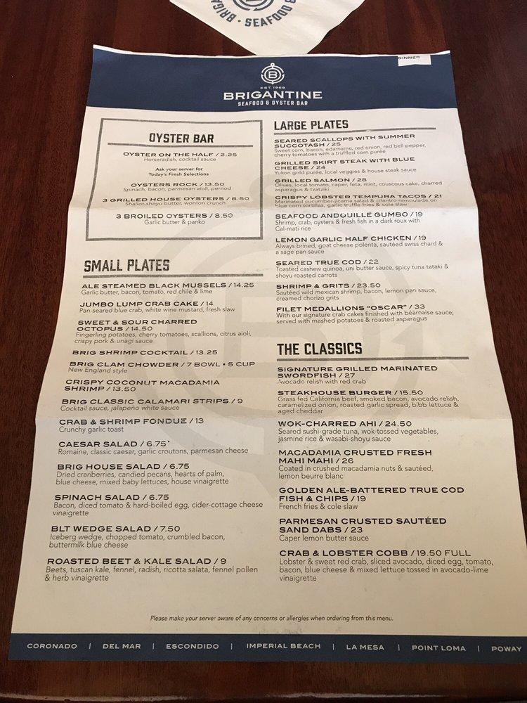 Menu at Brigantine Seafood & Oyster Bar, Del Mar, Camino Del Mar