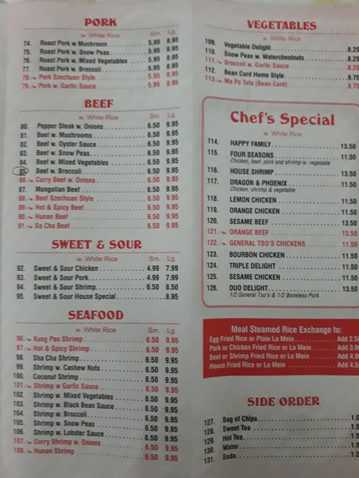 Menu at China Garden restaurant, Spring Hill