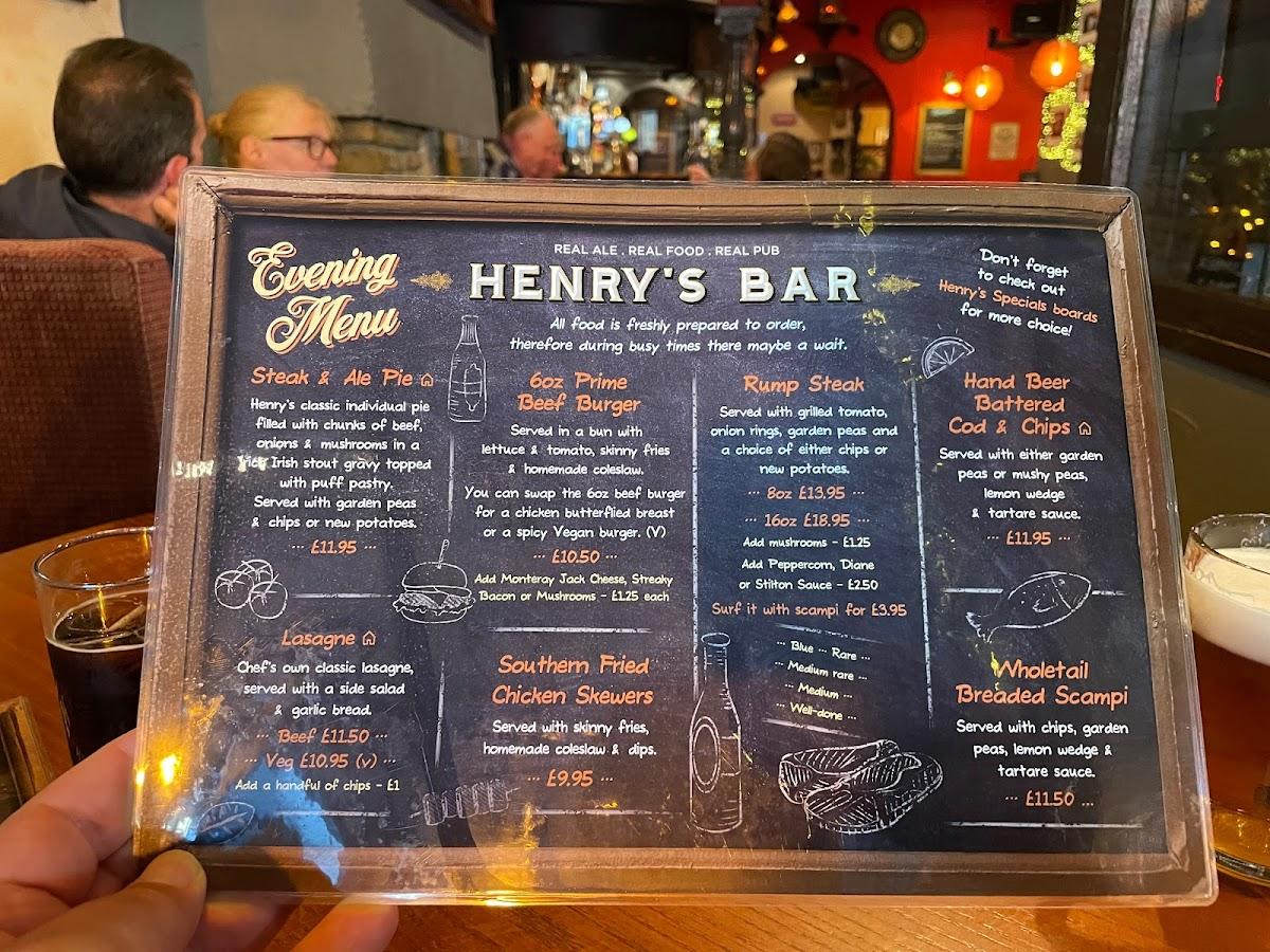 Menu at Henrys bar, Paignton