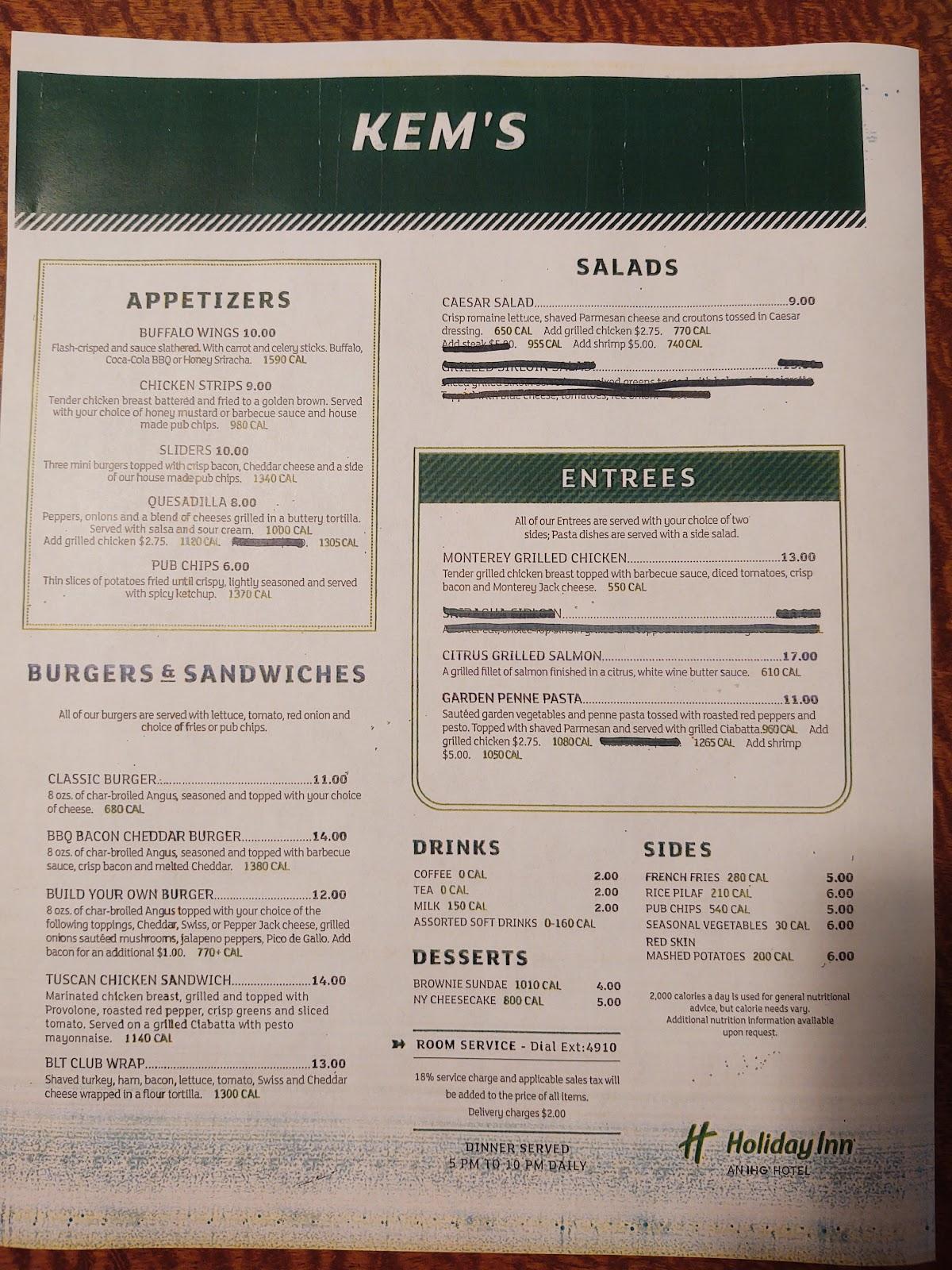 Menu at Kem's Restaurant, Beckley