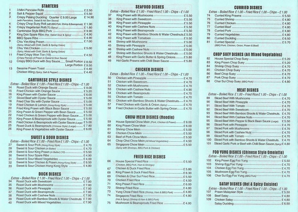 Menu at Kwong Tung Chinese Takeaway fast food, Northallerton
