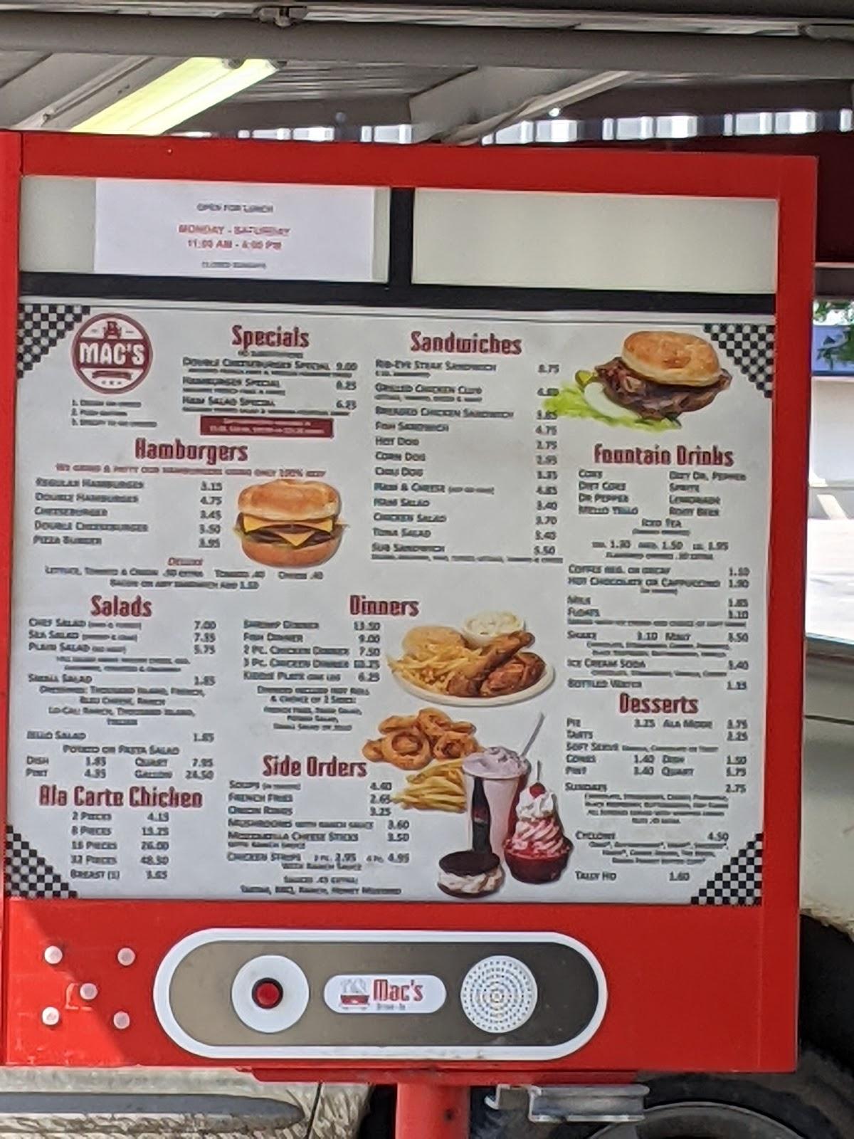 Menu at Mac's Drive-In restaurant, McCook