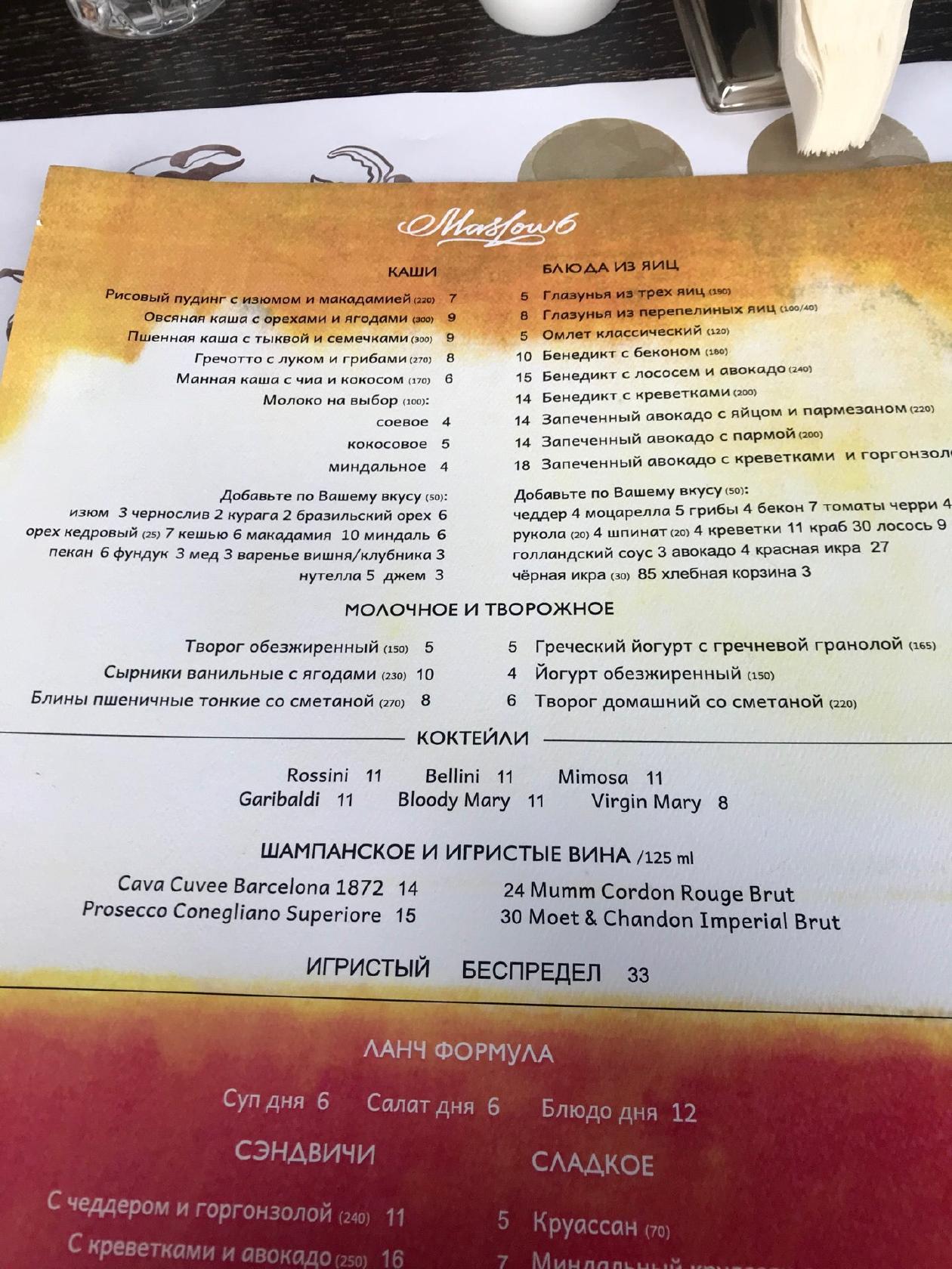 Menu at Maslow 6 restaurant, Minsk