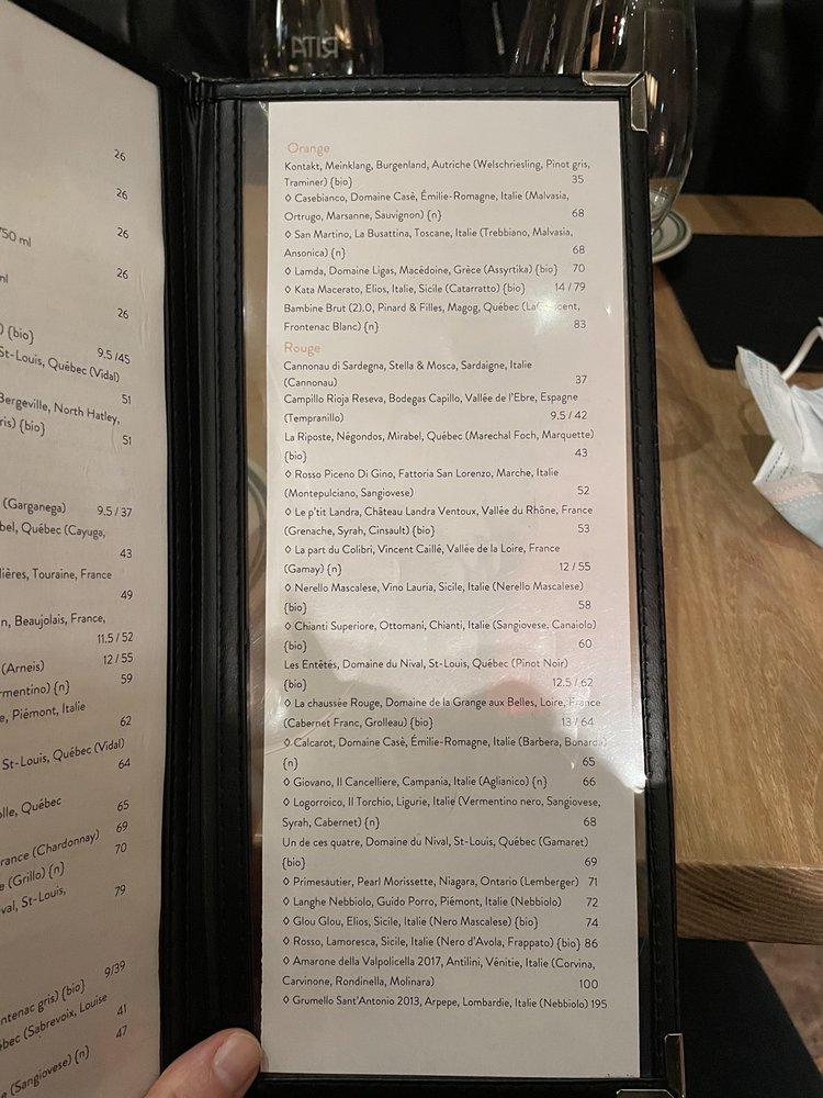 Menu at Rita restaurant, Montreal