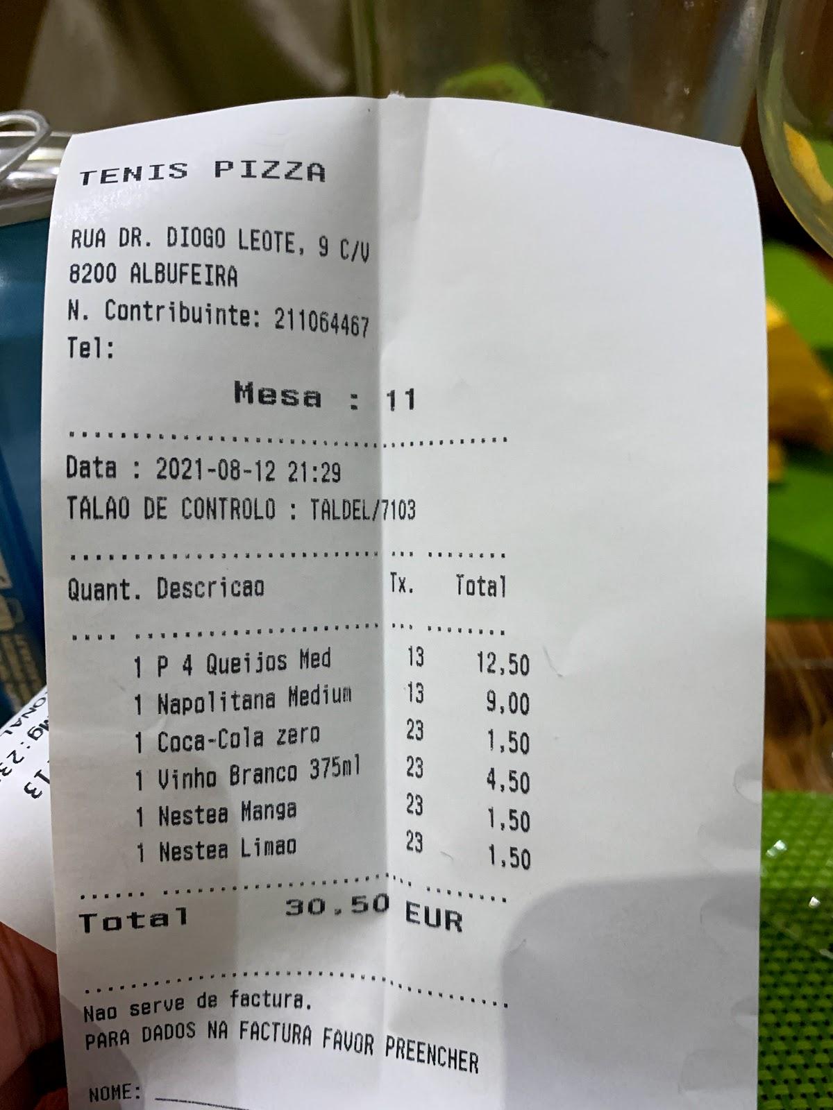 Menu at Tenis Pizza restaurant, Albufeira