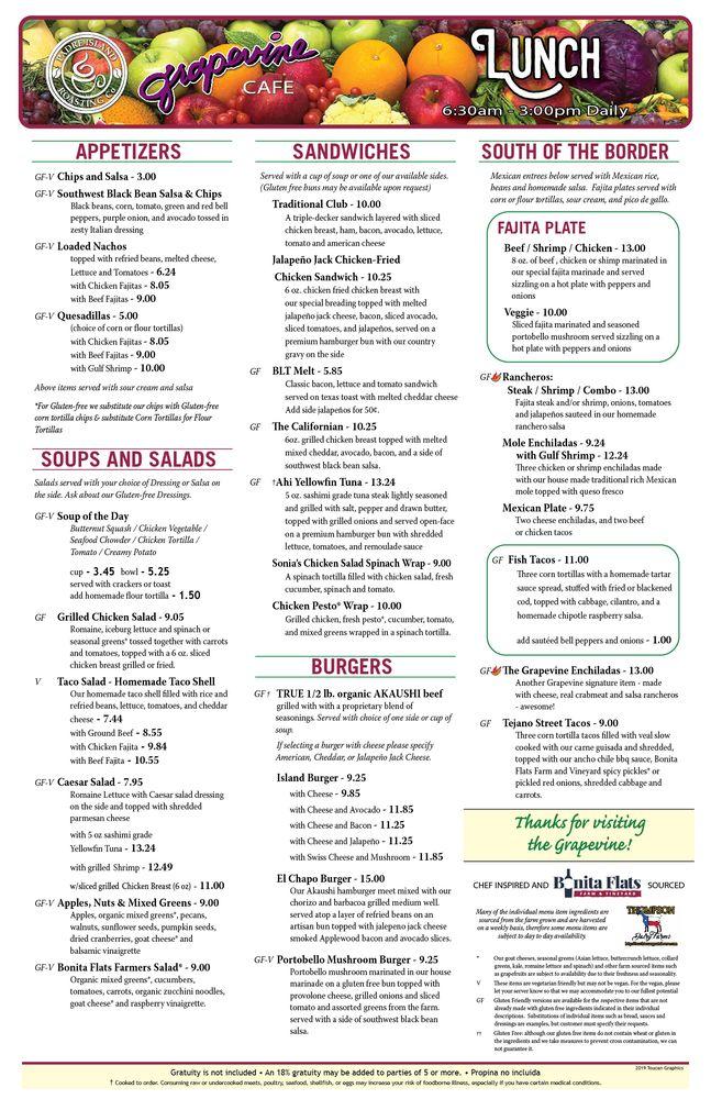 Menu at Grapevine Cafe, South Padre Island