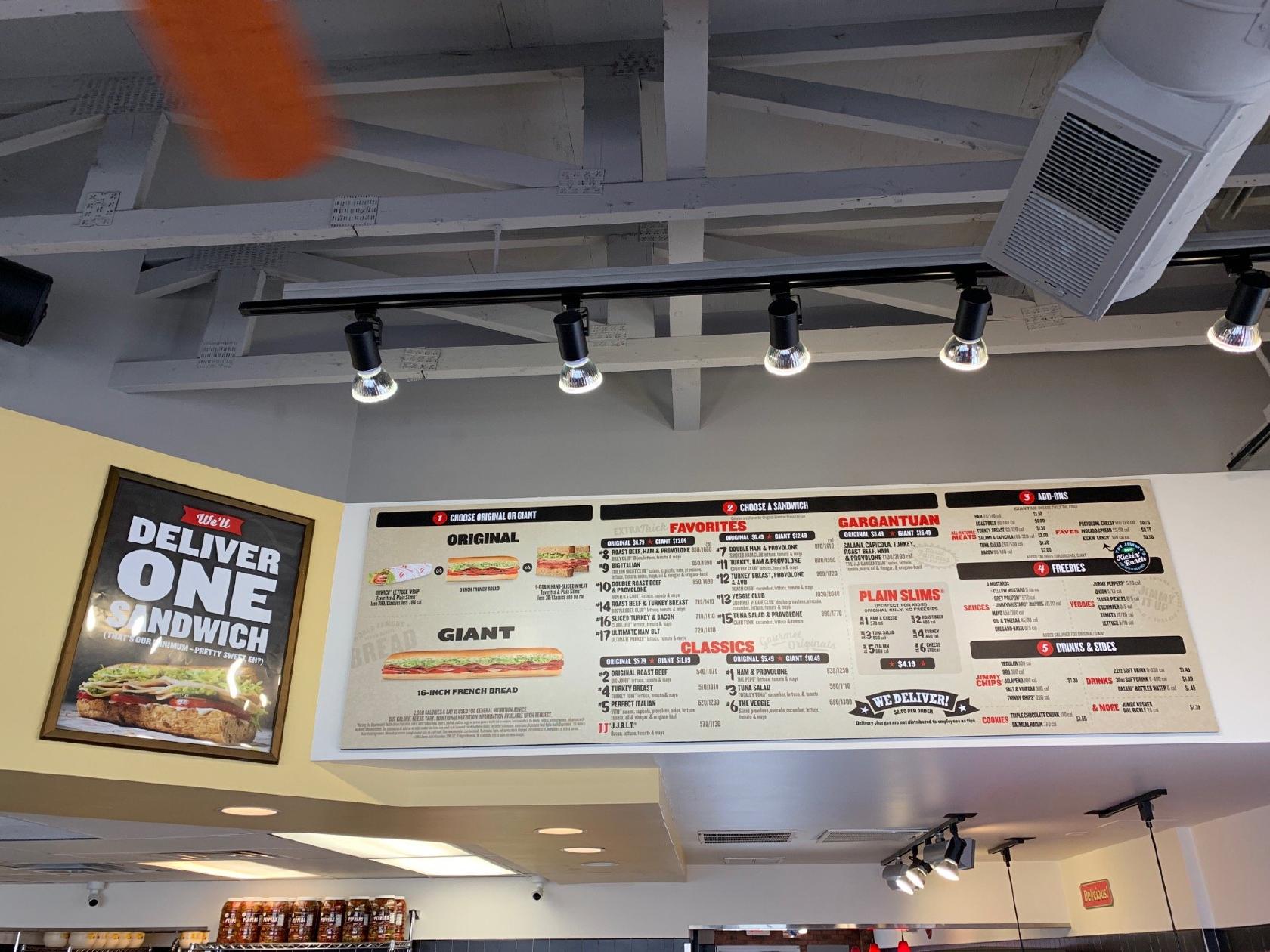 Menu at Jimmy John's fast food, Hays
