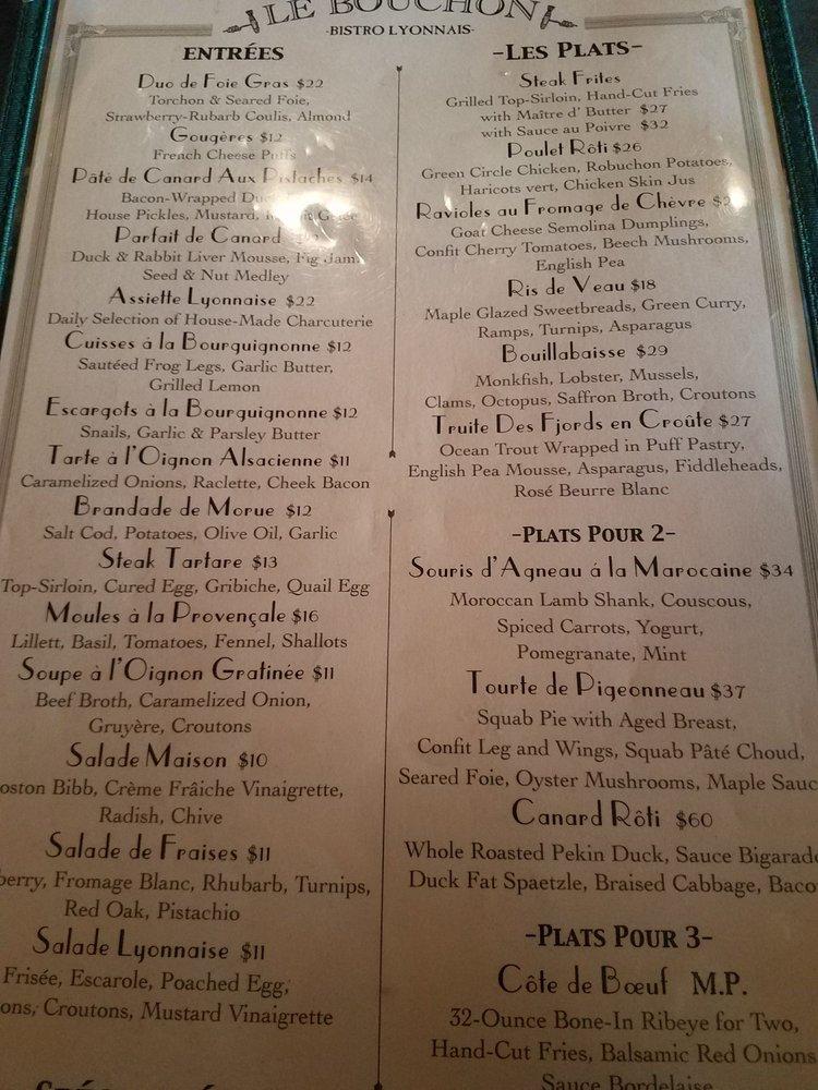 Menu at Le Bouchon restaurant, Chicago