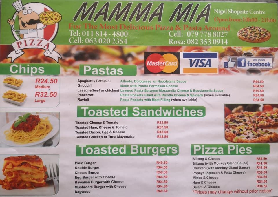 Menu at Mamma Mia restaurant, Nigel, Hendrik Verwoerd Shoprite Centre ...