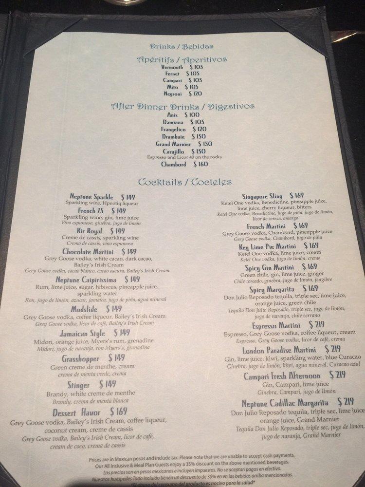 Menu at Neptune restaurant, Cabo San Lucas