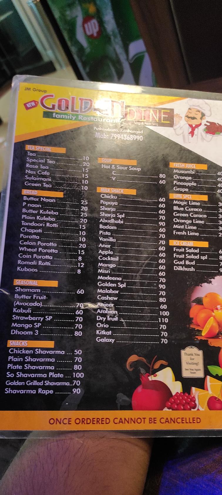 Menu at Golden Dine family restaurant, Kanhangad
