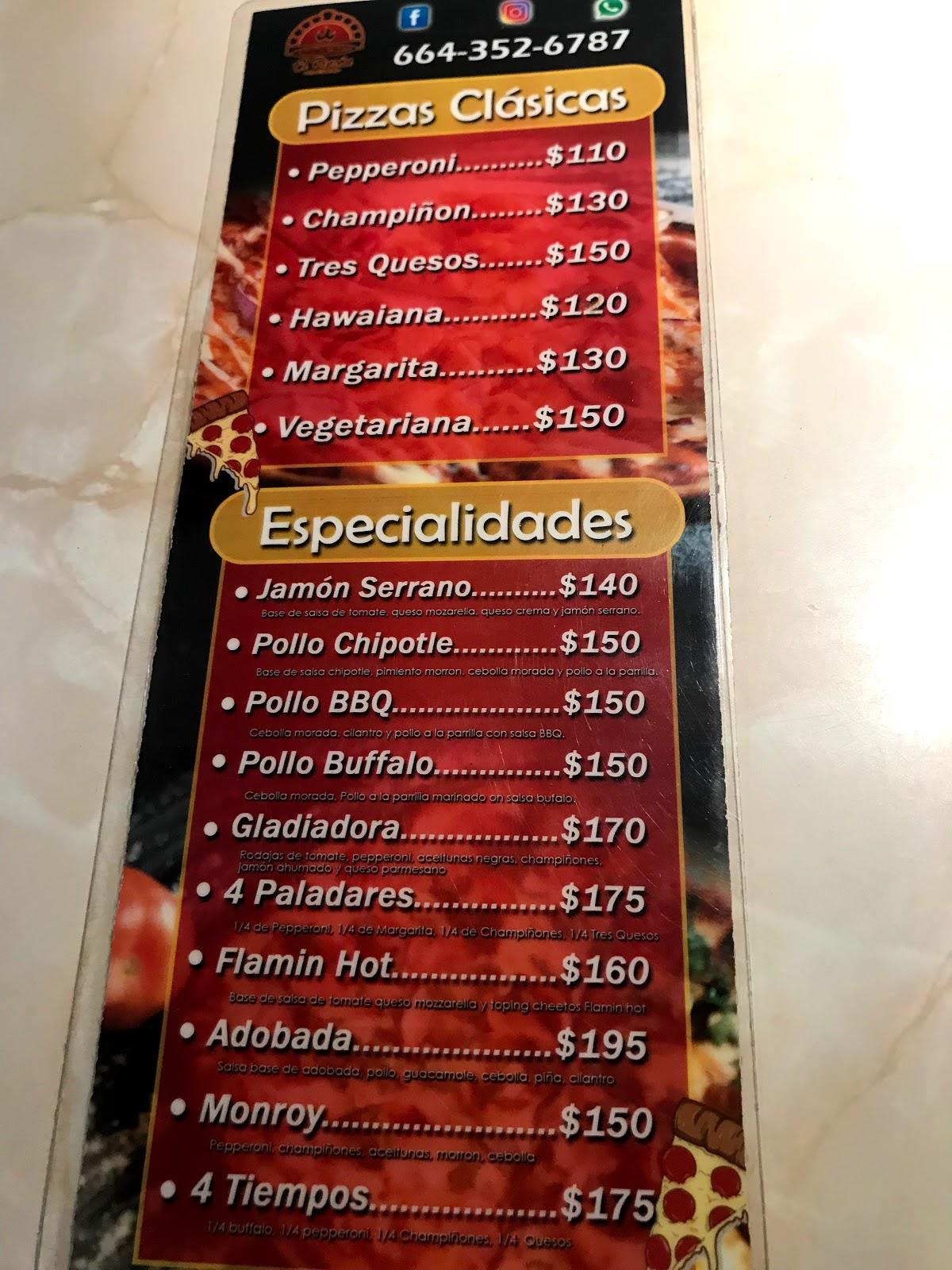 Carta de pizzería El Rincón Pizza a la piedra, Tijuana, Blvd. Agua ...