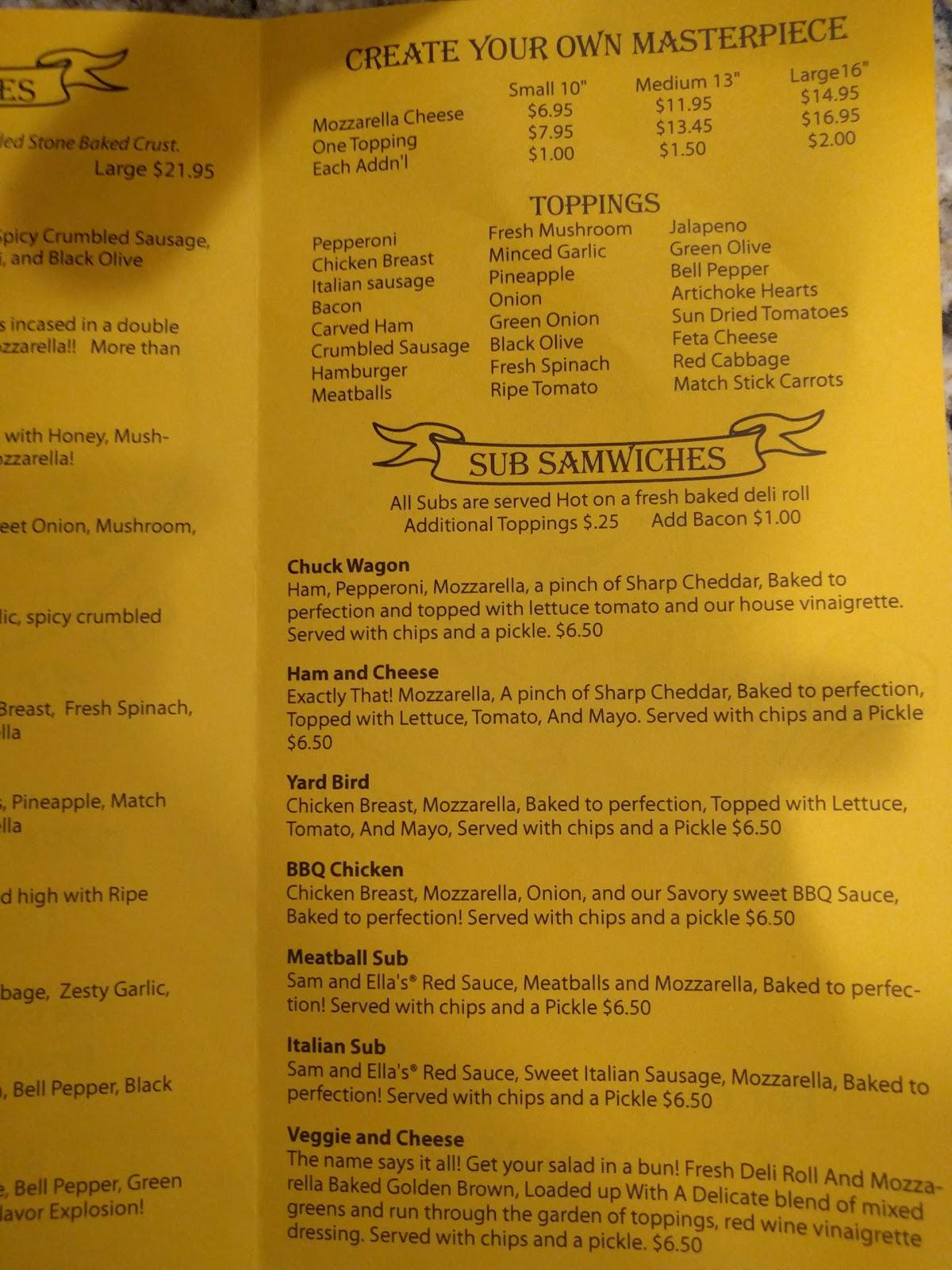 Menu at Sam & Ella's Chicken Palace pizzeria, Pryor, 124 E Graham Ave