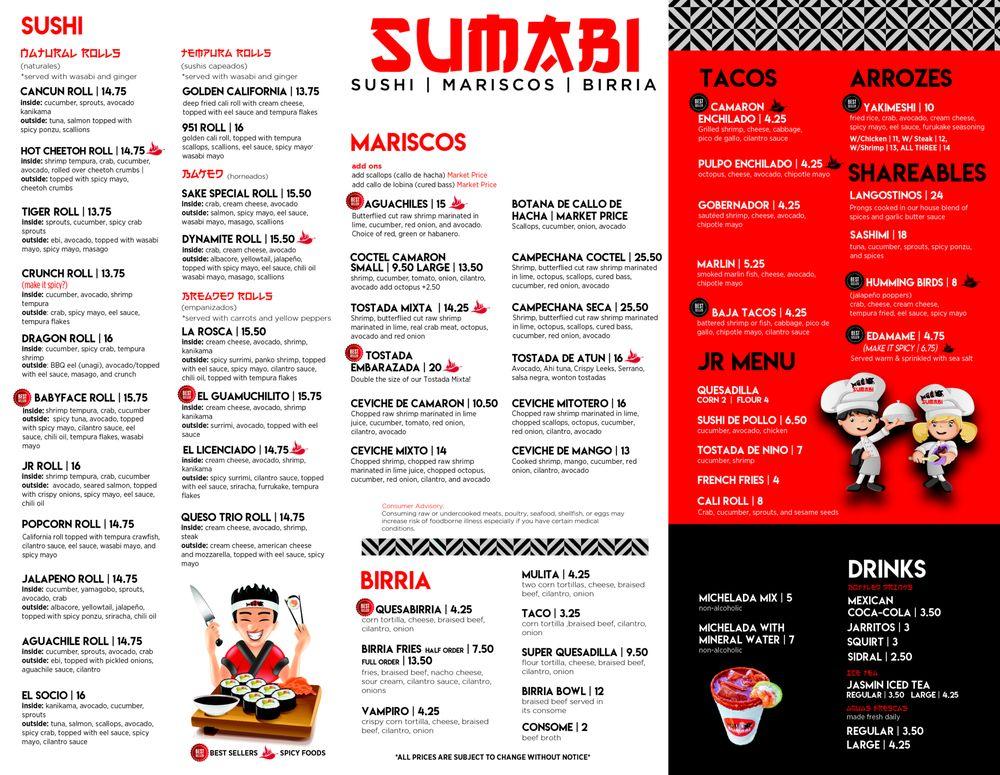 Menu at Sumabi restaurant, Norco