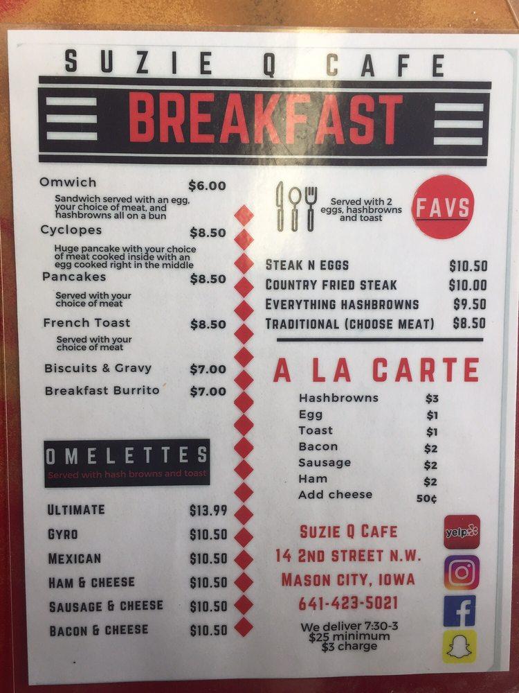Menu at Suzie Q Cafe, Mason City