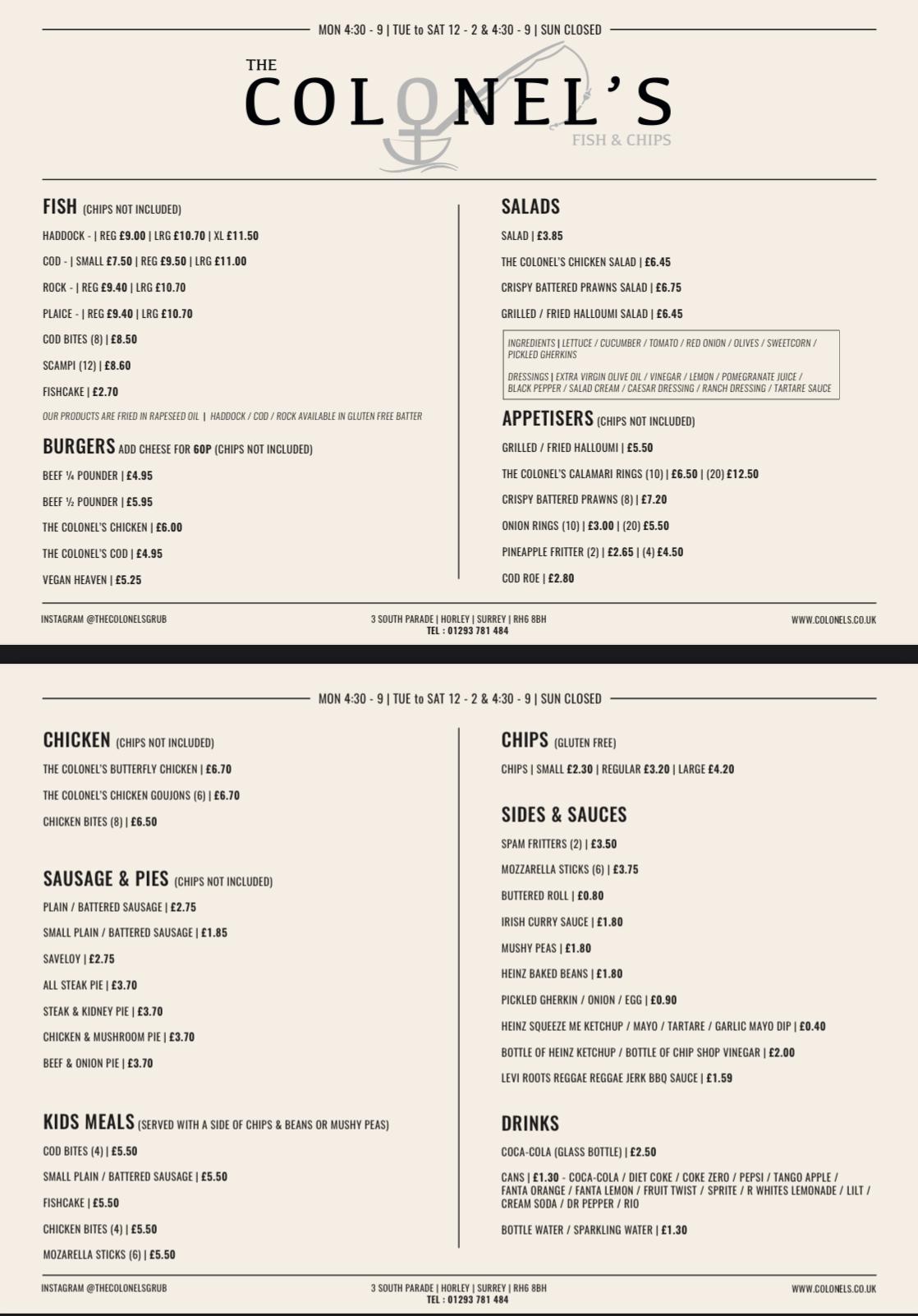 Carta del restaurante The Colonel's Fish & Chips, Horley