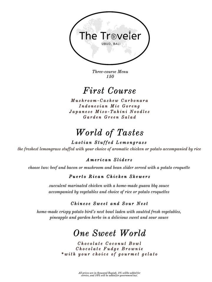 Menu at The Traveler restaurant, Ubud