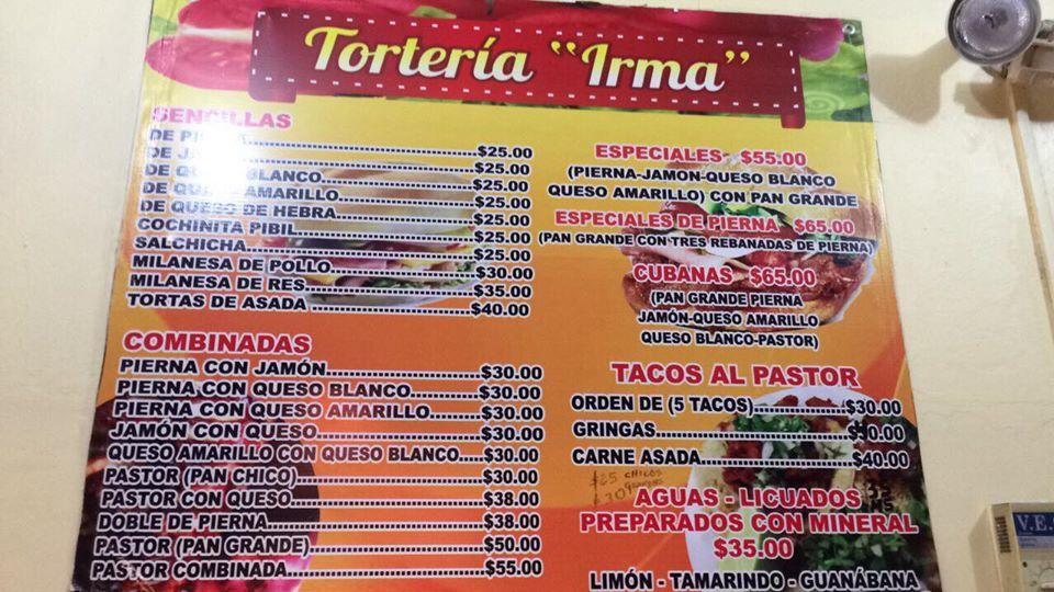 Menu at Torteria irma restaurant, Minatitlán