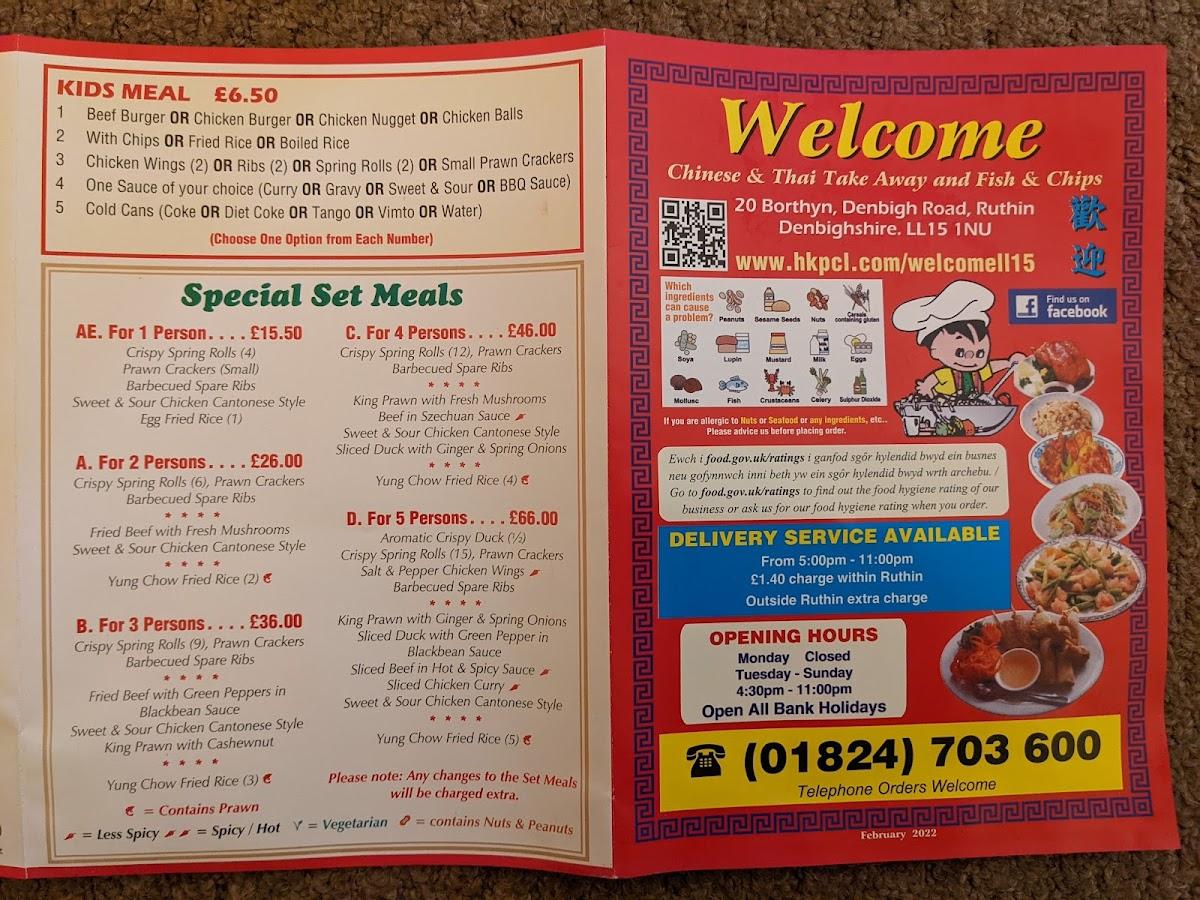 Menu at Welcome Chinese Take Away restaurant, Ruthin