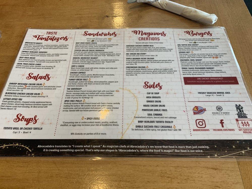 Menu at Abracadabra's Twin Falls restaurant, Twin Falls, Blue Lakes Blvd N