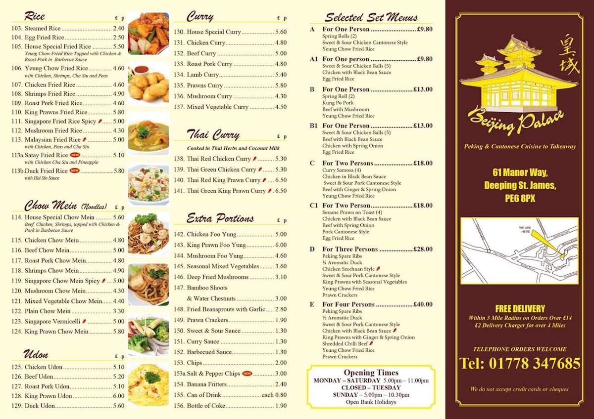 Menu at Beijing Palace restaurant, Peterborough