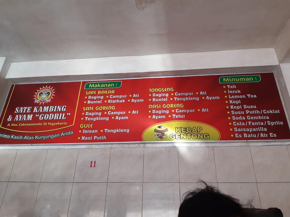 Menu at Godril Satay House restaurant, Yogyakarta
