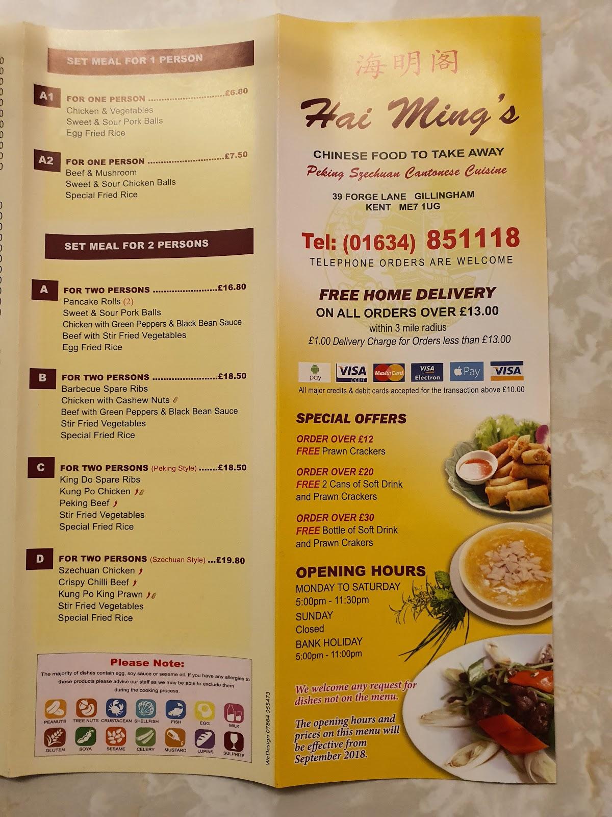 Menu at Hai Ming's fast food, Gillingham