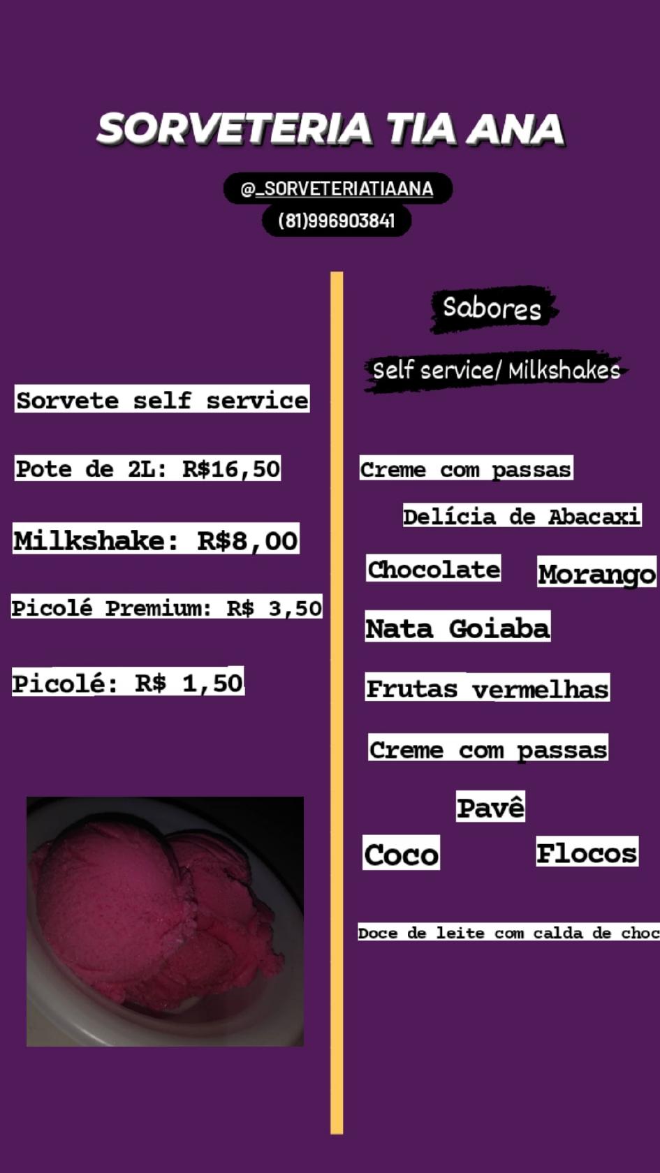Menu at Sorveteria Tia Ana restaurant, Olinda