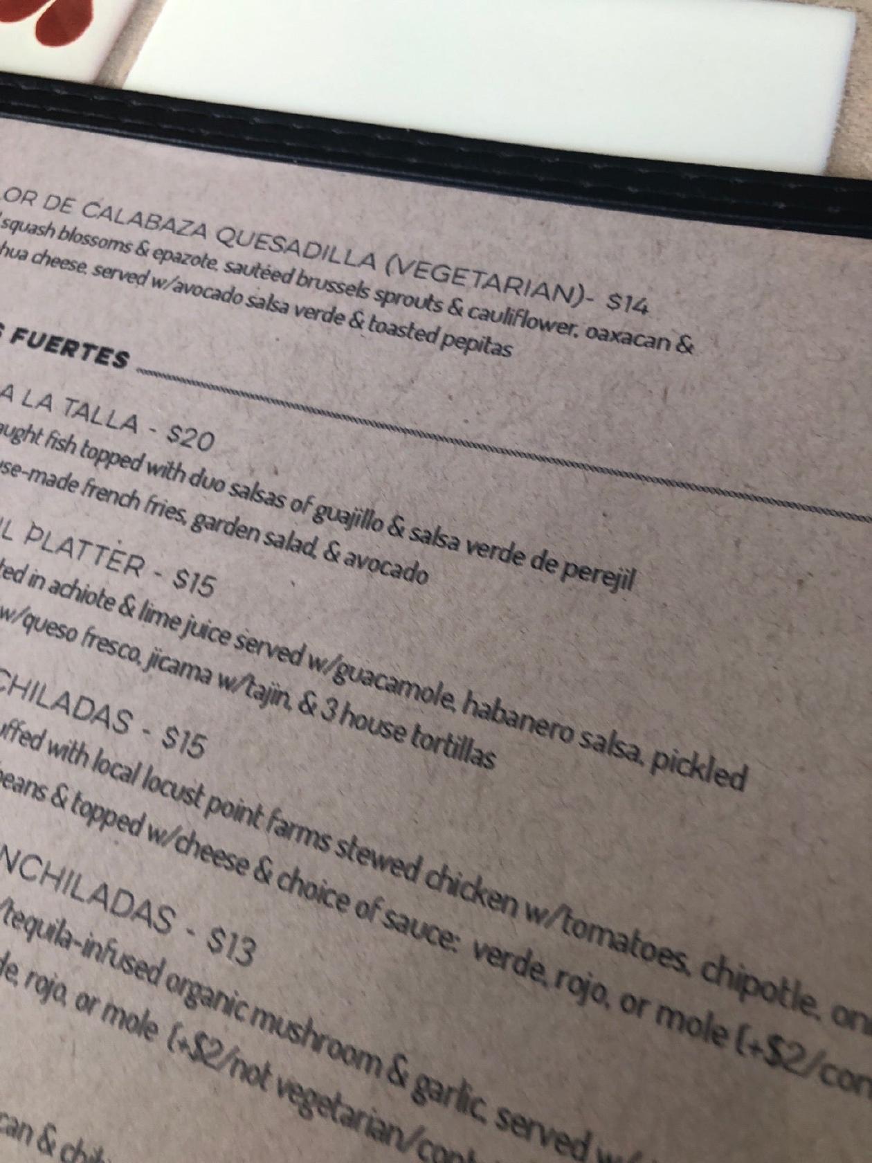 Menu at Cielo Rojo Restaurant, Takoma Park