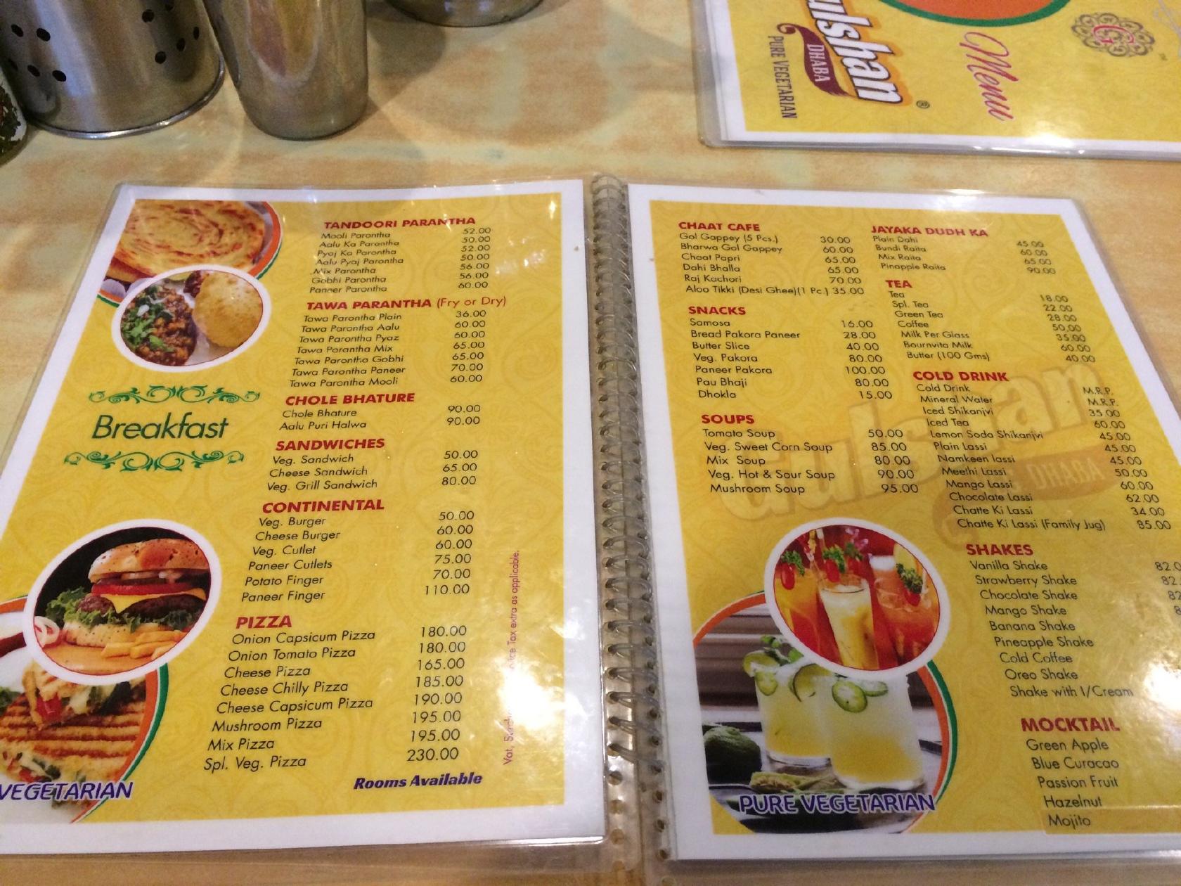 Menu at Gulshan Dhaba, Sonipat, Milestone