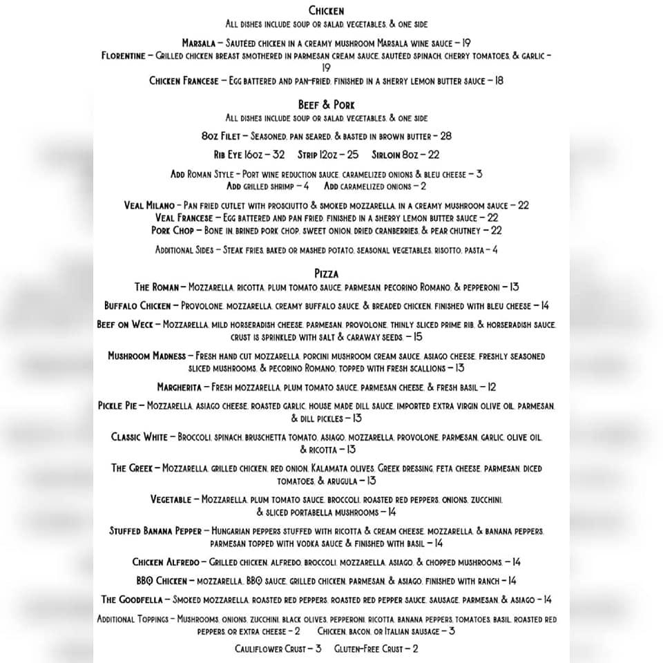 Menu at Roman's pizzeria, Batavia