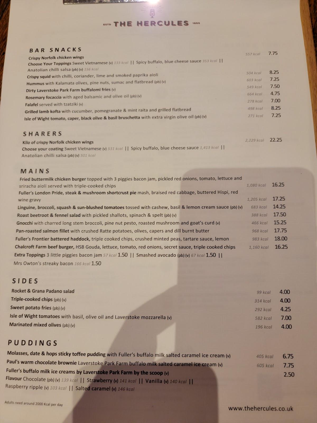 Menu at The Hercules, Lambeth pub & bar, London