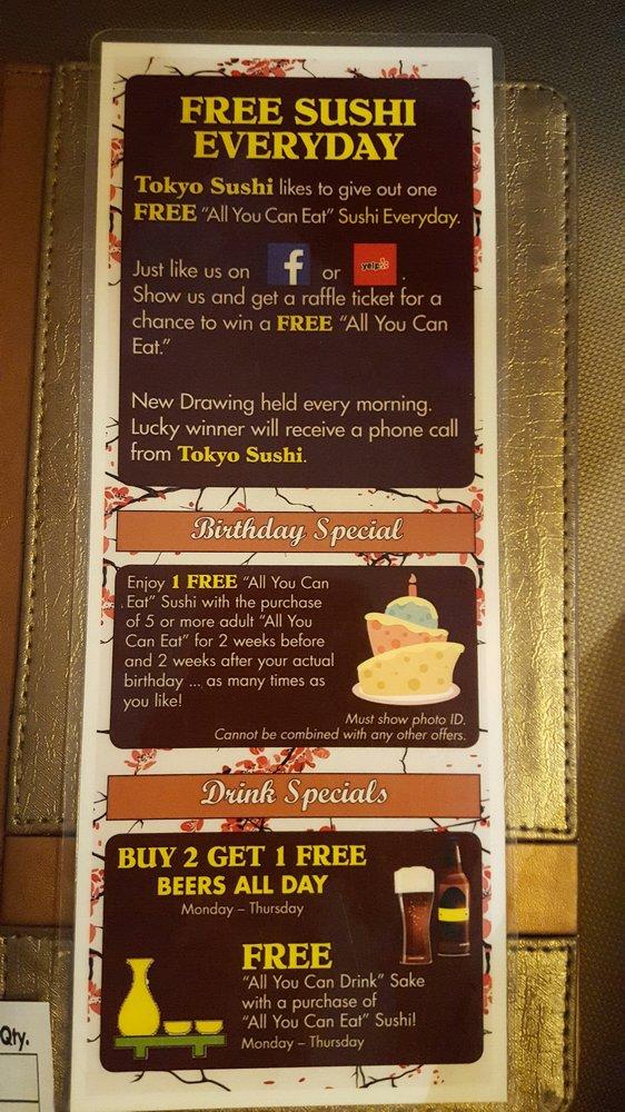 Menu at Tokyo Sushi restaurant, Reno